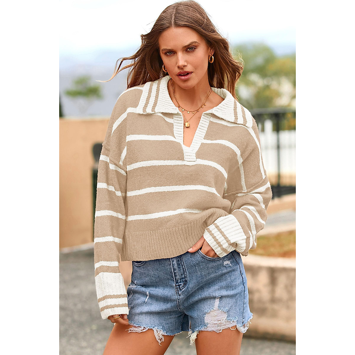 PRETTYGARDEN Women's Pullover Striped Sweaters Casual Collared V Neck Long Sleeve Ribbed Knit Loose Blouse Top (Light Khaki,Medium)