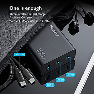 Huntkey 100W USB C Charger 3-Port GaN PD Fast Power Adapter USB C Wall Charger Block for MacBook Pro/Air, Dell XPS, iPad, iPhone 14/14 Pro /13/13 Pro, Galaxy S22/S21, Pixel and More(2Pack Cable)