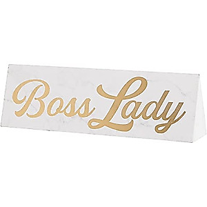 Boss Desk Art for Women and Men Office Decor with Novelty Quote Desk Sign and Plate (Boss Lady, White, Wood)