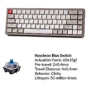 Keychron K6 65% Compact 68-Keys Aluminum Frame Wireless Mechanical Keyboard for Mac, Bluetooth, Multitasking, Wired Gaming Keyboard for Windows Non-Backlit with Keychron Blue Switch