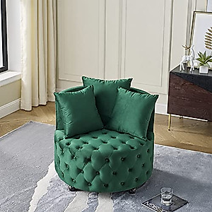 Tmsan Modern Swivel Chair, 30'' Green Velvet Barrel Chair with 3 Pillows, 360° Rotating Wheels for Living Room, Bedroom
