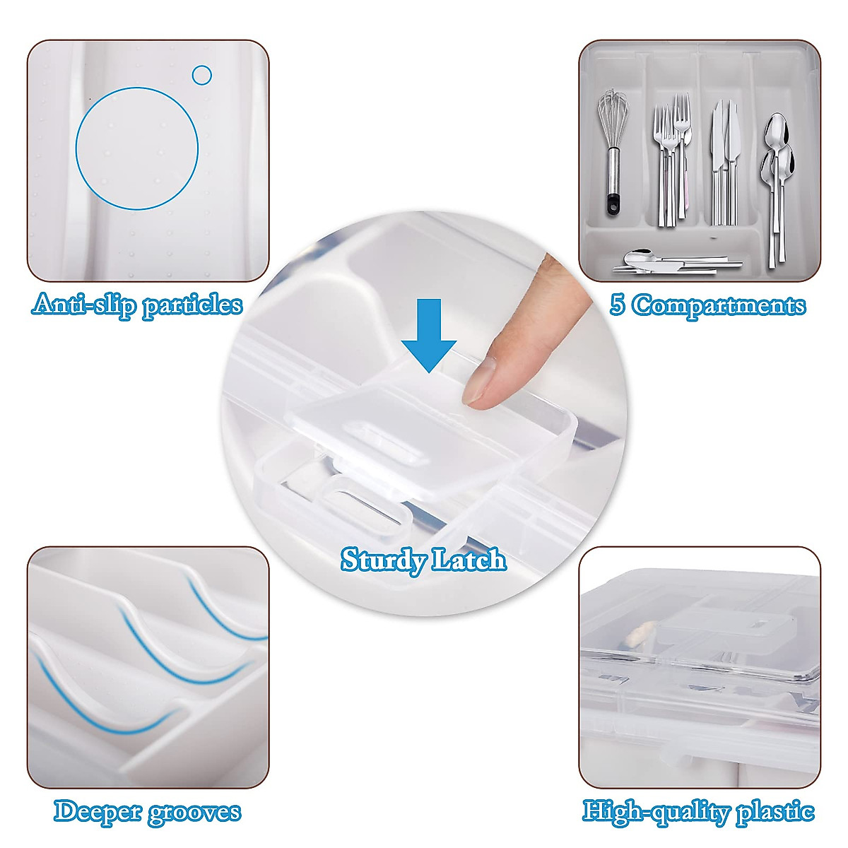 SUICGYU Silverware Organizer with Lid for Drawer, Plastic Utensil Holder for Countertop, Flatware Organizer Cutlery Tray with Cover 5 Compartments (Wing Lid-White)