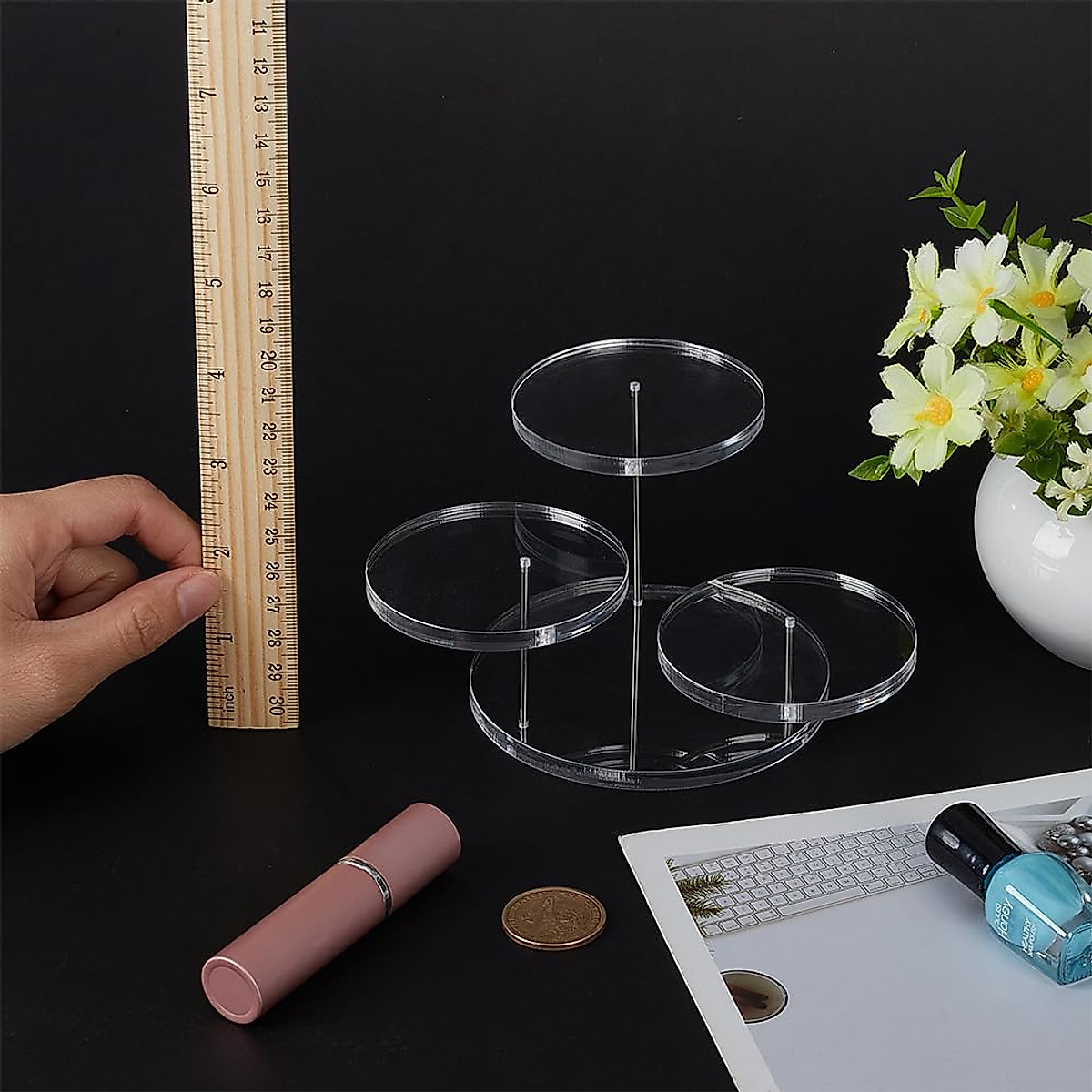 FINGERINSPIRE Round Acrylic Finger Ring Riser Clear 3 Tier Jewelry Display Stands for Rings Bracelets Watches Small Cupcake Stand Display Rack for Action Figures, Collectibles, Gem, Crystals, Rocks