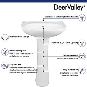 DeerValley DV-1P525 Ally 20" X 17" Modern U-Shape White Ceramic Pedestal Bathroom Sink With Overflow