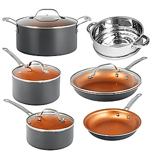 Gotham Steel 10 Piece Pots and Pans Set with Ultra Nonstick Diamond Surface, Includes Frying Pans, Stock Pots, Saucepans & More, Stay Cool Handles, Oven Metal Utensil & Dishwasher Safe, 100% PFOA Free