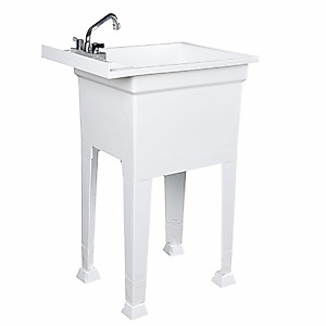UTILITYSINKS 18 Inch Plastic Freestanding Utility Tub Sink with Heavy Duty Stainless Steel Swing Faucet for Garage, Laundry Room, and Garden, White