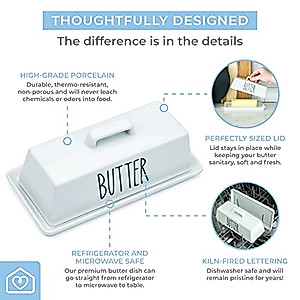 Heartland Home Porcelain Covered Butter Dish with Lid for Countertop (Lid with Handle). 7.6" x 3.8" Butter Holder Container for One Stick of Butter. Textured Tray Butter Keeper for Non Slip Storage