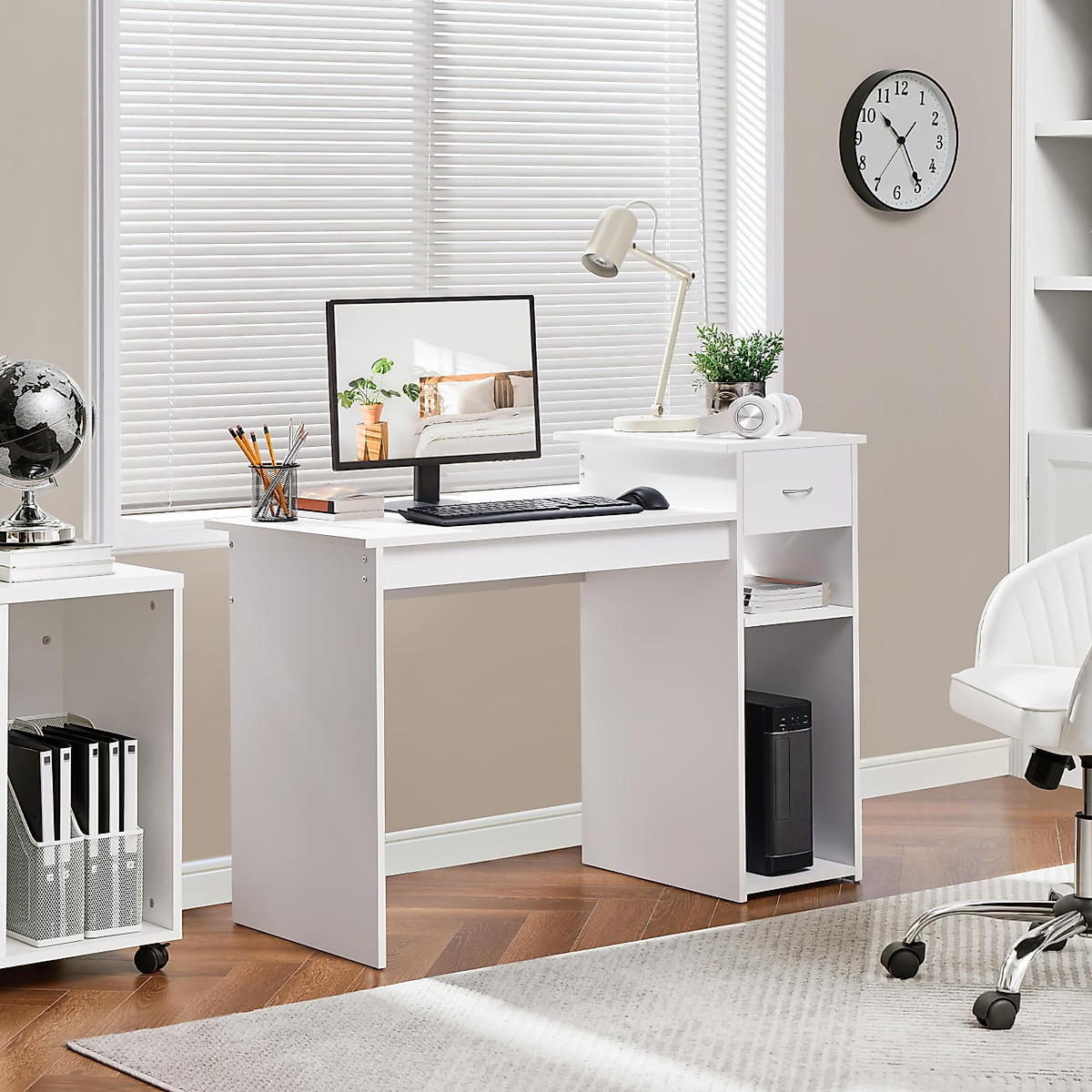 Yaheetech Home Office Computer Desk with Storage Drawer & Monitor Shelf, Writing PC Laptop Table Desk Study Workstation Furniture for Small Spaces, White
