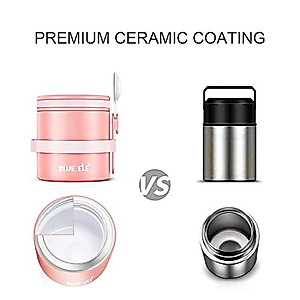 BLUE ELE Leakproof, Vacuum Insulated Thermos Hot Lunch Containers with Ceramic-Coated Stainless Steel, Easy Grip Lid, and Folding Spoon, 13.5oz, Carnation Pink