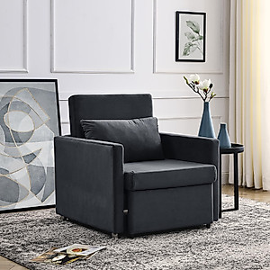 Futon Folding Single Chair Bed,Convertible Sleeper Sofa 2-in-1 Pull Out Lounge Chair Beds with Pillow&Pocket for Living Room Apartment Office（Grey）