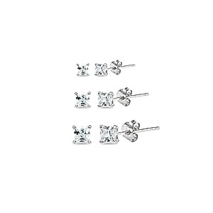 Stud Earrings for Women Sterling Silver 2mm 3mm & 4mm Cartilage Princess Square CZ Earring Set for Women Men, 3-Pair Set
