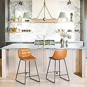 LUE BONA Counter Height Bar Stools, Indoor/Outdoor Mid Century Modern Upholstered Checkered Pattern Leather Dining Chair with Metal Legs, 24" Bar Stools Set of 4, for Kitchen Island, Whiskey Brown