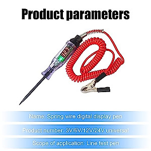 Sodcay 1 PC Car Digital Electric Pen, 6V-12V-24V DC Car Circuit Tester Light, Test Light with 5.9Ft Extended Spring Wire, Car Truck Vehicle Circuits Low Voltage Tester Probe (Red)