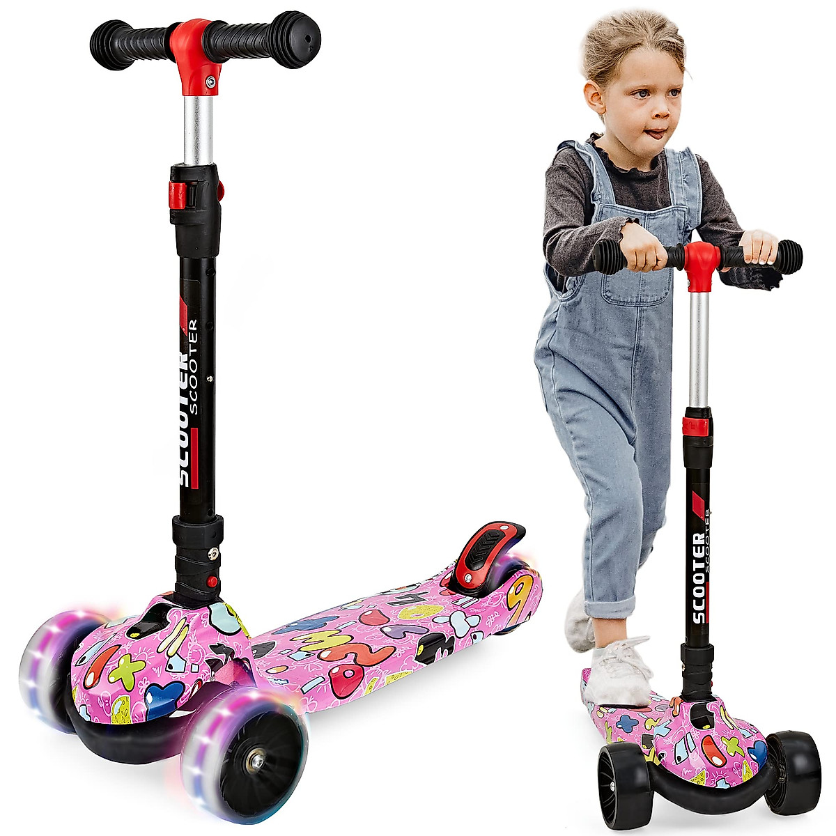 Scooter for Kids Ages 3-12, Foldable & Height Adjustable Kids Scooter with Graffiti Bodywork, Non-Slip Deck and Extra Wide PU Light-up Wheels (200 Lbs Weight Capacity)