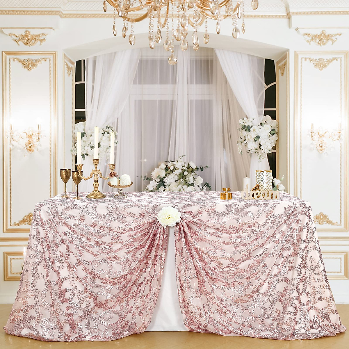 B-COOL Sequin Tablecloth Rose Gold Table Decorative Tablecloth Luxurious Vine Sparkly Tablecloth Ultimate Glam Inspired Wedding Graduation Event 90x156inches