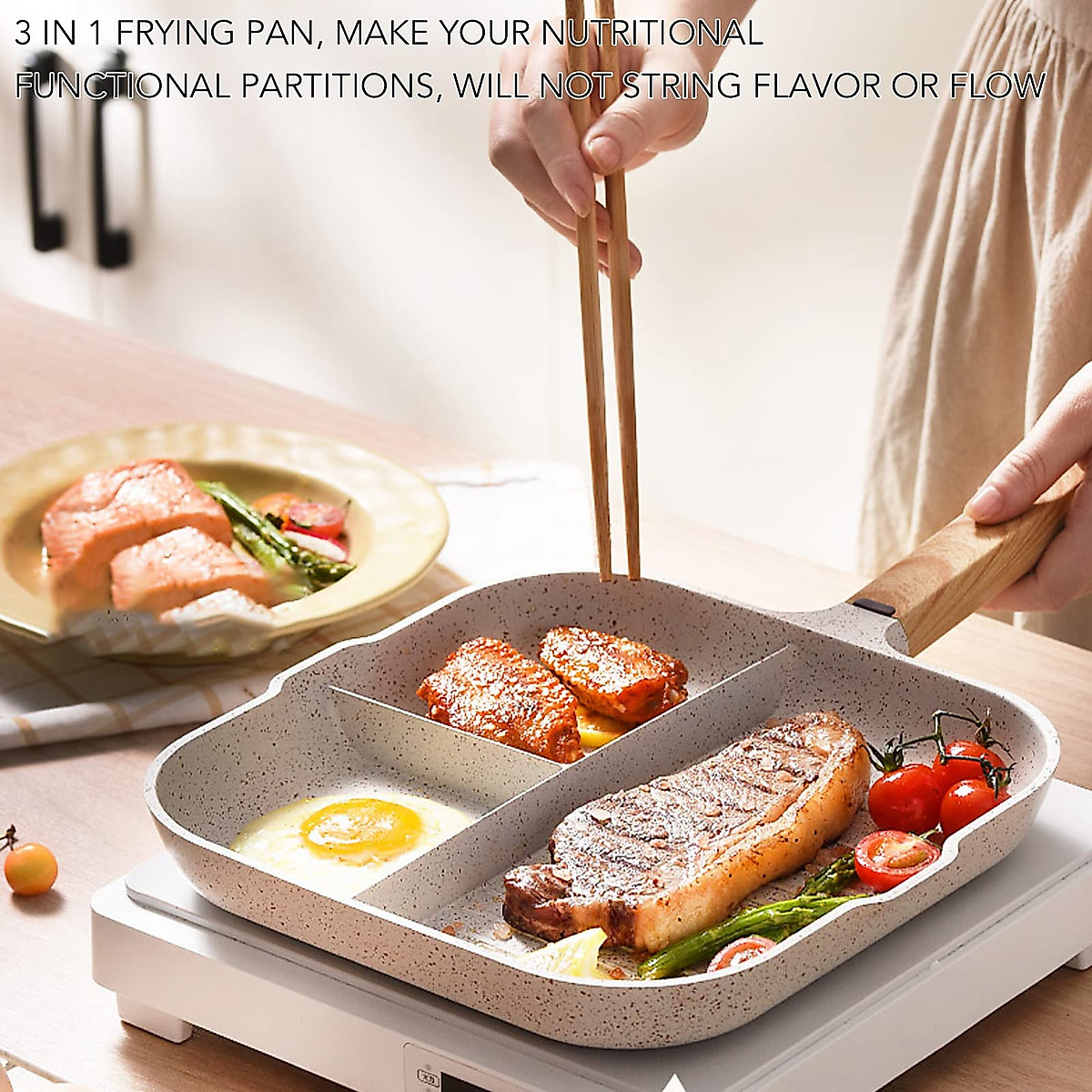 Zerodis 3 in 1 Frying Pan, Aluminum Alloy Partitioned Non Stick 3 Section Divided Breakfast Pan Grill Pan Partitioned Multifunction Kitchen Egg Pan for Breakfast