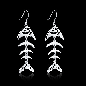 Sterling Silver Plated Earrings Drop Dangle Fish Hook Fish Bones .68" L383