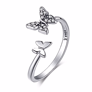XOYOYZU 925 Sterling Silver Butterfly White Birthstone CZ Ring Expandable Open Rings Adjustable for Women Jewelry (Sterling silver ring)