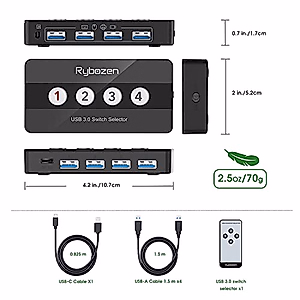 Rybozen USB 3.0 Switch 4 Ports for 4 PC 4 Inputs 4 Outputs USB Switch for Printer Keyboard Mouse Stick USB Hard Drive External Scanner, with Remote Control…