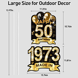 2Pcs 50th Birthday Yard Sign Decorations with Stakes, Large Size 16'' Black Gold Happy 50th Birthday Made in 1973 Waterproof Outdoor Lawn Signs Decor for Men Women Birthday Party Supplies