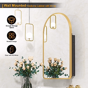 Arched Medicine Cabinet, Recessed Medicine Cabinet with Mirror,Oil Rubbed Gold Bathroom Medicine Cabinet Mirror,Metal Framed Arch Medicine Cabinet Surface Mount,20x31Inch