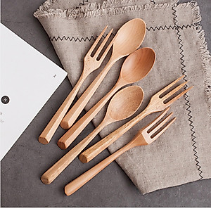 Triangular Handle Wooden Spoon Fork Set Dessert Wooden Spoon Wooden Fork Student Portable Spoon Fork