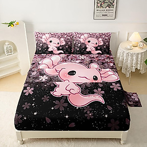 QOOMO Kawaii Axolotl Bedding for Boys and Girls Pink Cherry Blossom Super Soft Kids Bedding Set Sparkling Stars Breathable Room Decoration Twin Size 1 Fitted Sheet, 1 Flat Sheet, 2 Pillow Cases