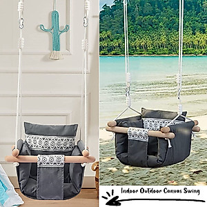 Baby Swing Seat, Canvas Hanging Swing Seat with Safety Belt, for Baby, Toddler, Infant, Tree Swing, Playground, Indoor & Outdoor Hammock Swing, Dark Gray with Lace