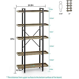 SEISSO 5 Tier Bookcase, Open Bookshelf Metal Shelving Unit Etagere Bookcase Solid Tube Wood Shelves Rustic Bookshelf Modern Style Bookcase Furniture for Home Office Living Room 37" x 31.5" x 11.8"