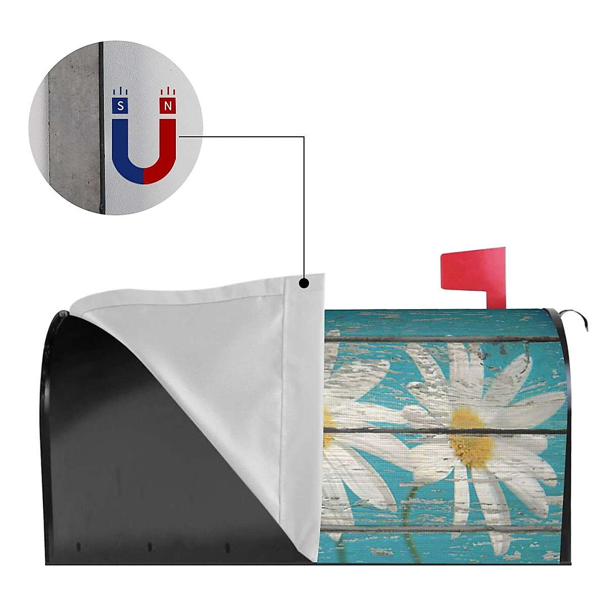 Rustic Spring Daisy Mailbox Covers Magnetic Standard Size 21x18 Inch Teal Old Wood Board Mailbox Decals Mailbox Wrap Post Letter Box Cover Mailbox Post Cover for Garden Yard Decor