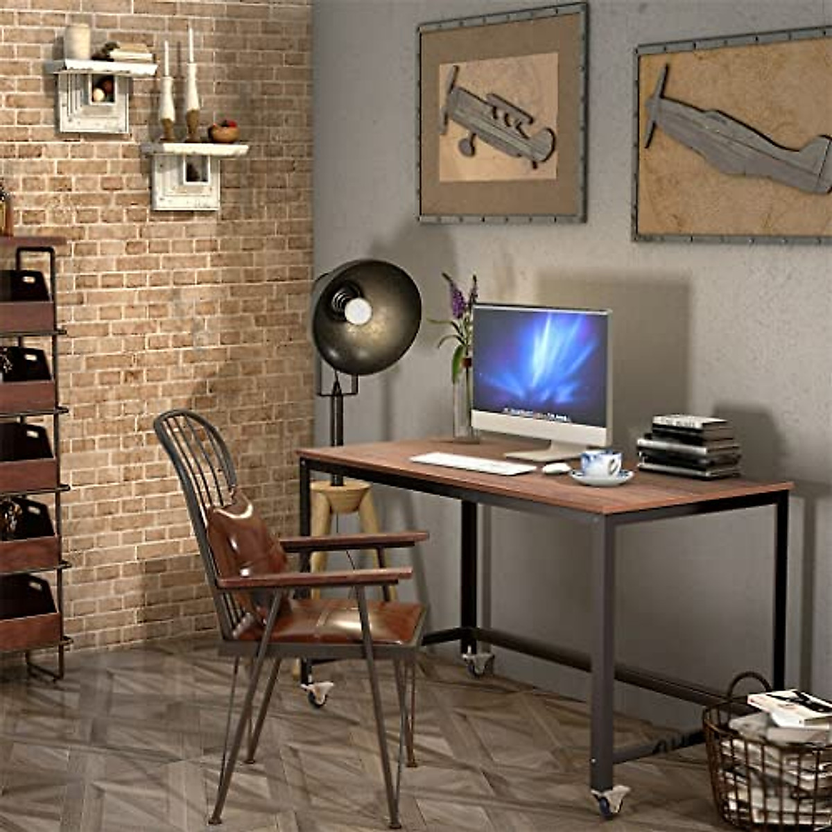 ZHUHW Rolling Computer Desk Metal Frame Computer Laptop Desk Wooden Top Study Workstation