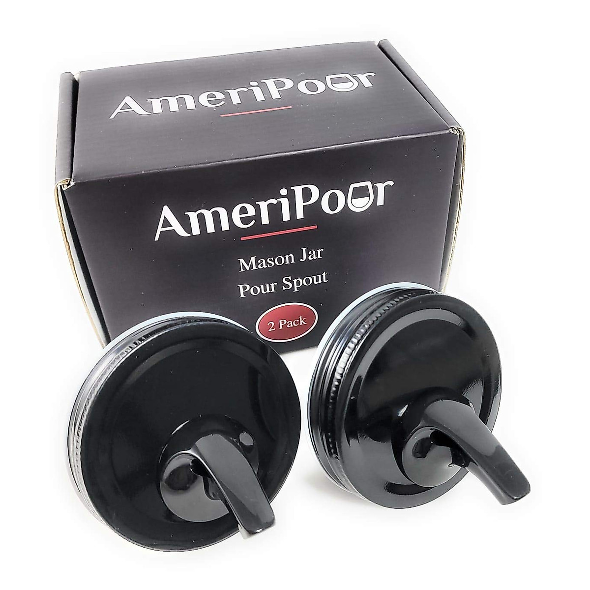 AmeriPour Black - Mason Jar Pour Spout - Regular Mouth - For Moonshine And Whiskey - Made 100% In The USA. Free Flow Mason Jar Spouts That Don't Leak. No Cracks, Just A Perfect Pour Everytime. 2 Pack