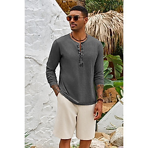 Mens Distressed Henley Shirts Vintage Long Sleeve Tee Shirts Casual Button Down Washed T-Shirts for Men Grey