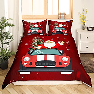 Christmas Kids Bedding Set Santa Claus Racing Car Duvet Cover for Boys Children Bedroom Decor Christmas Tree Comforter Cover Set Snowflake Xmas Theme Bedspread Cover Twin Size With 1 Pillow Case