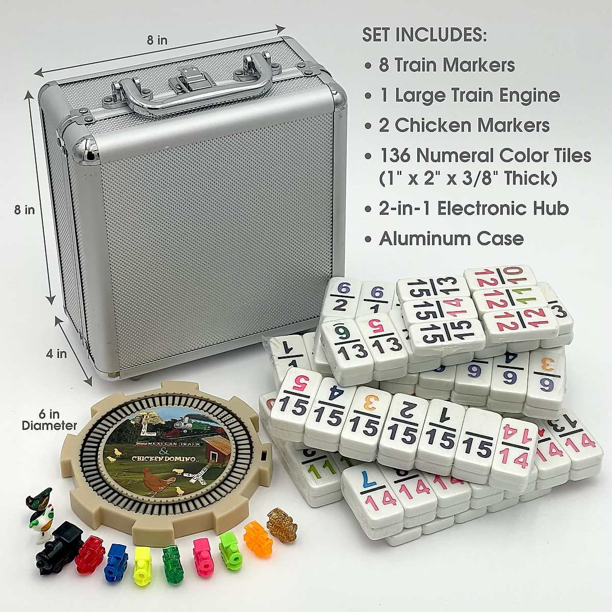 Double 15 Numeral Pro Size Mexican Train & Chicken Domino Set in Aluminum Case