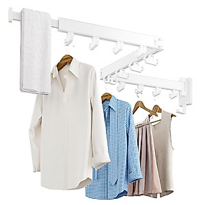 Clothes Drying Rack Wall Mounted, Retractable Drying Racks for Laundry, Foldable Drying Rack With 12 Hooks, Sturdy Tri-Fold Wall Mounted Space Saver for Laundry Room Balcony Bathroom - 49.8", White