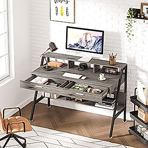 Tribesigns Computer Desk with Storage Shelf & Drawers, Modern 47 inch Office Writing Desk Study Table with Monitor Stand Riser for Home Office Use (Grey)