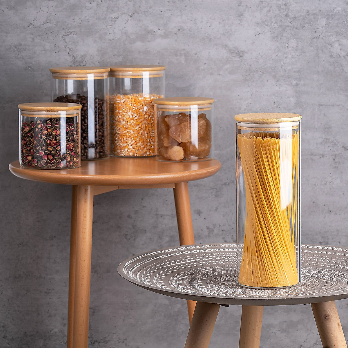 Glass Storage Jars [Set of 5],Clear Glass Food Storage Containers with Airtight Bamboo Lid Stackable Kitchen Canisters for Candy,Cookie,Rice,Sugar,Flour,Pasta,Nuts and Spice Jars