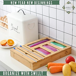 SWILLT - Premium Bamboo Ziplock Bag Organizer for Kitchen Drawer Organizer or Pantry Wall [Exclusive 3 Layer Top Design] -Integrated 2 in 1 Aluminum Foil and Plastic Wrap Dispenser with Cutters- The Perfect Deals/ Holiday Organization Gift