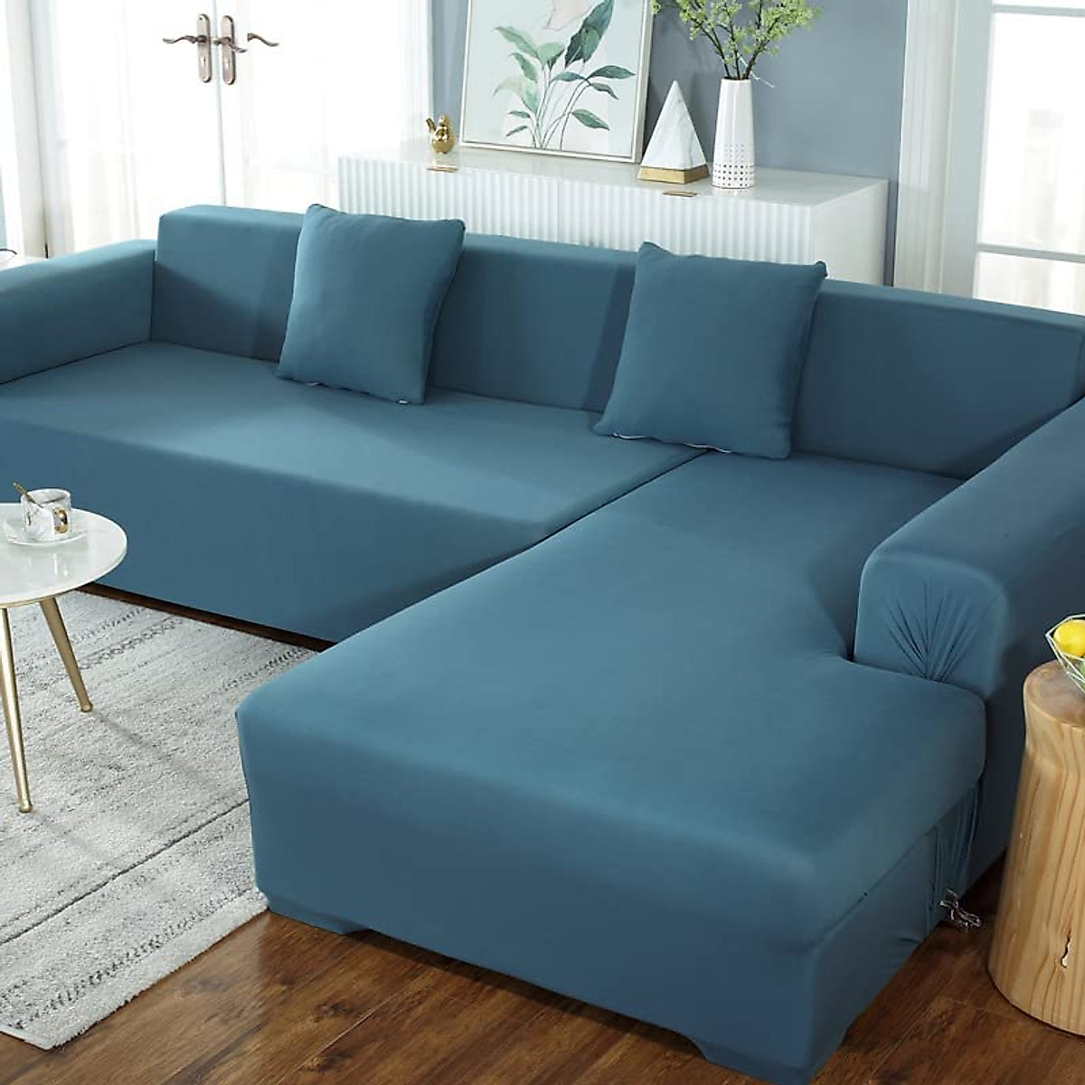 WAMBAS Solid Couch Cover Stretch L-Shaped Sofa Covers All Inclusive Solid 1.2.3.4 Seats Sofa Seat Cushion Covers -Peacock blue-4-seater