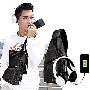 PHABULS Men's Side Sling Faux Leather Backpack Chest Bag for Men with USB Charging Port for Travel, Hiking,Cycling(Black)