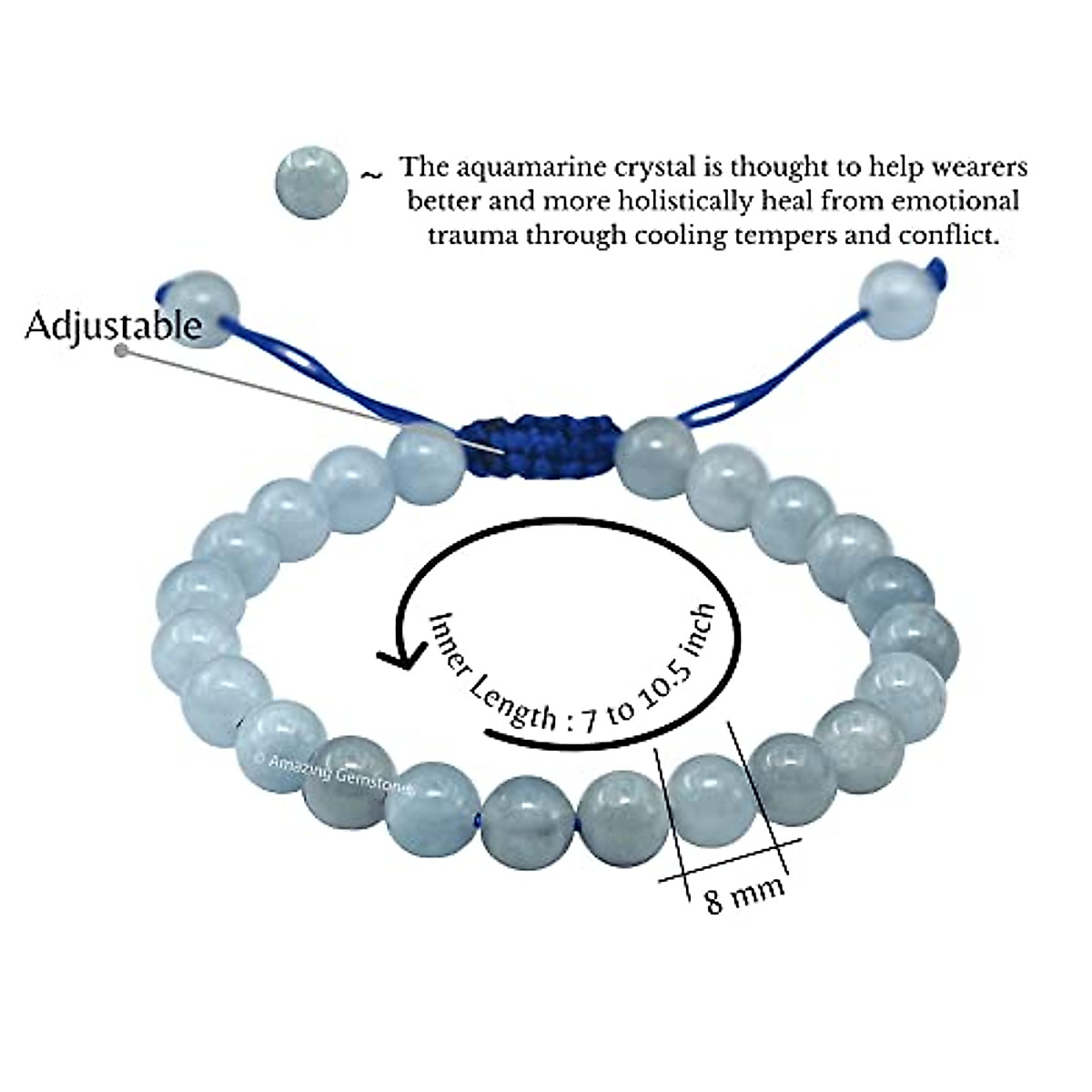 Aquamarine Bracelet for Women Men's Gifts - Protection Healing Crystal Bracelet - 8mm Gemstone Beaded Adjustable Bracelet