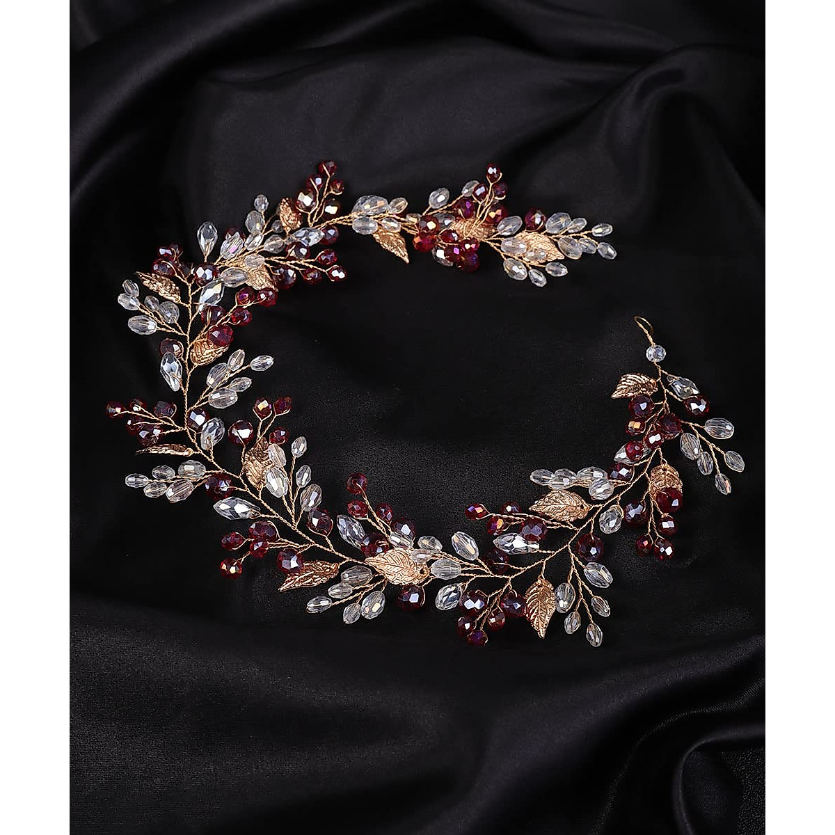 Denifery Red Hair Vine Crystal Wedding Headband - Fall Boho Bridal Hair Piece with Gold Leaf for Women and Girls