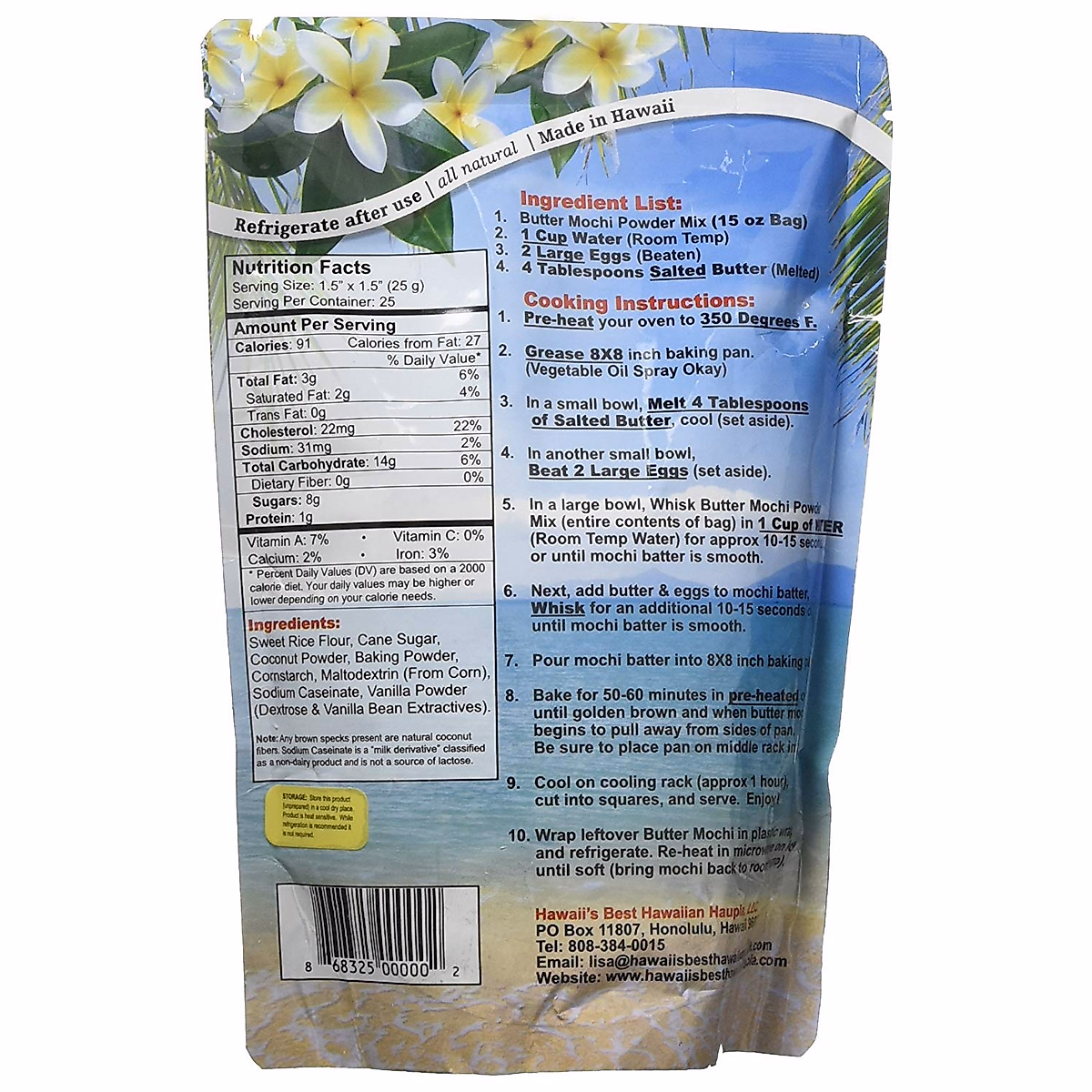 Hawaii's Best Butter Mochi Two Pack (15 oz each) - Easy to Make Traditional Hawaiian Style Butter Mochi Cake Mix - Gluten Free Dessert Mix - Two Pack Mochi Mix