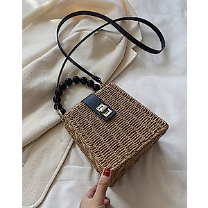 QZUnique Straw Bucket Bags for Women Top Handle Drawstring Woven Handbag Shoulder Bag Summer Beach Purses with Bamboo Handle
