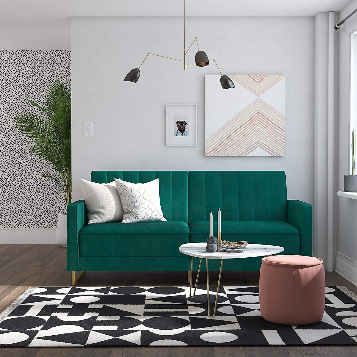 Novogratz Skylar Coil Futon, Modern Sofa Bed and Couch, Green Velvet