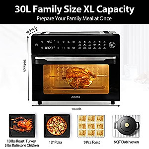 Aeitto 30L Large Air Fryer Toaster Oven Combo,with Rotisserie and Dehydrator, 19-In-1 Digital Convection Oven Countertop Airfryer, Fit 13" Pizza, 9pcs Toast, 6 Accessories, 1800w, Black