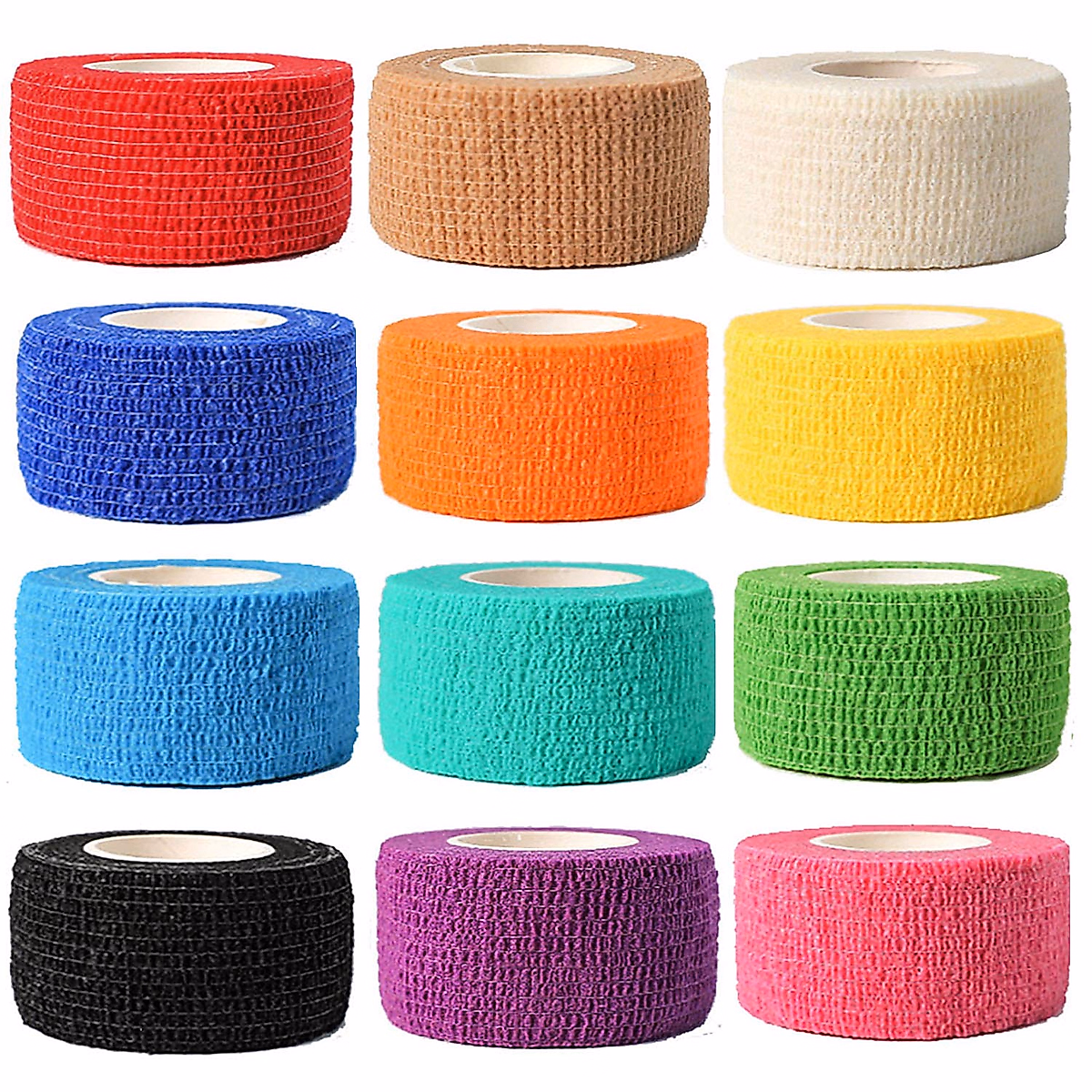 (12-Pack) 1” x 5 Yards | Self Adhesive Bandage Wrap, Kuvvfe Athletic Elastic Cohesive Bandage for Sports Injury,Strain,Knee & Wrist,Ankle Sprains & Swelling First Aid