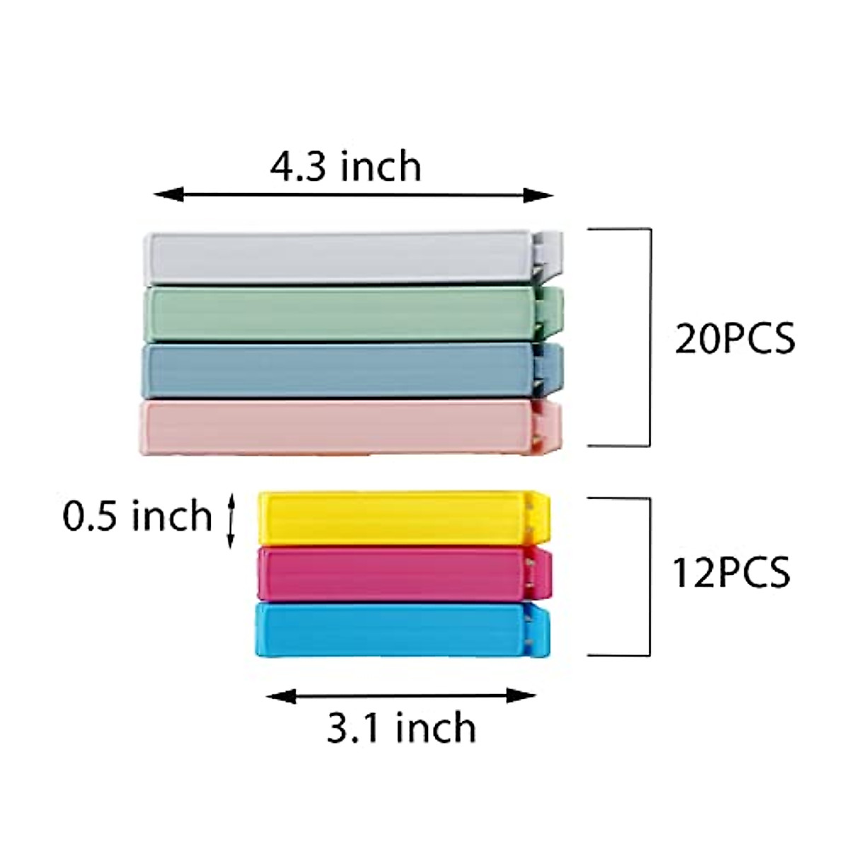 Yarall 32 PCS Plastic Chip Clips for Food Packages, Curved Design Sealing Bag Clips for Food, Kitchen and Home, Large Size(4.3in x20, 3.1in x10)