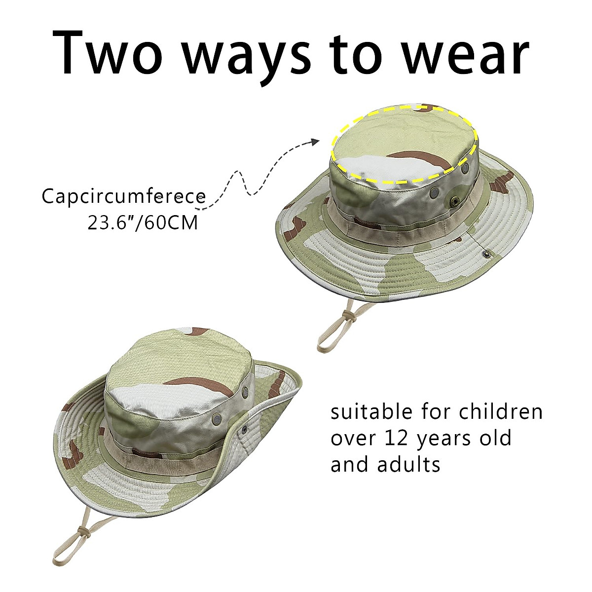 Wide Brim Boonie Hat for Men Women,UV Protection Sun Cap Top Camo Bucket Hats for Safari, Hiking, Fishing, Hunting